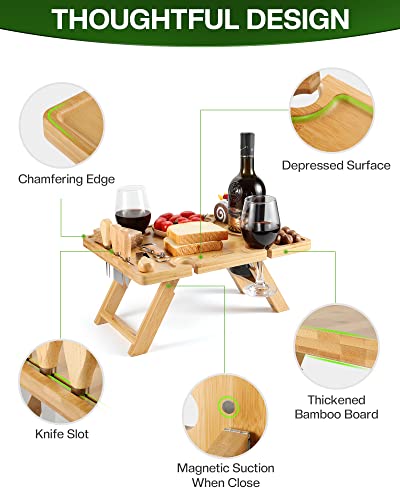 tgosomt Wine Picnic Table Foldable, Portable Bamboo Picnic Table, Picnic Tray for Outdoor, Park, Camping, Beach