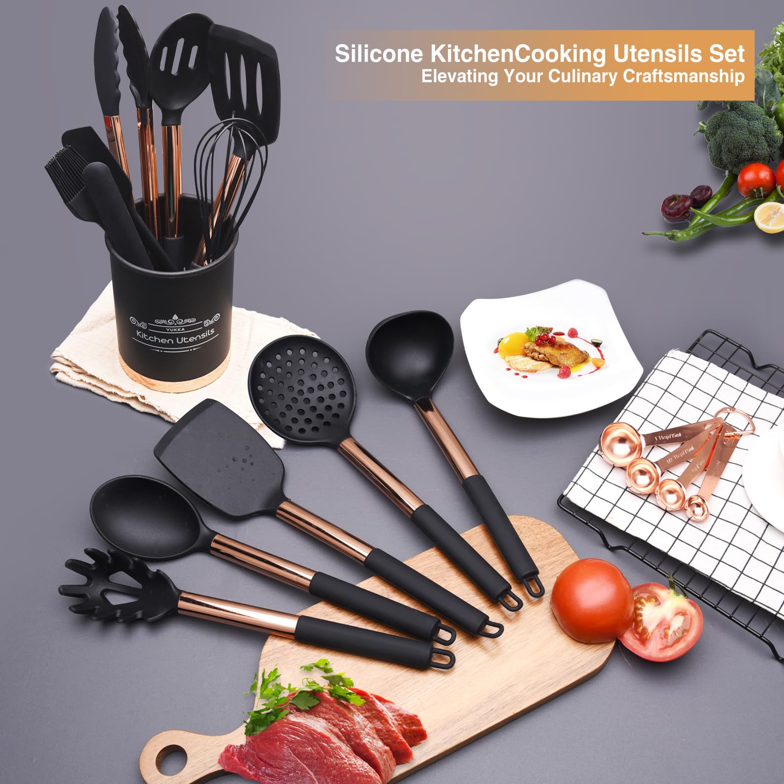 BBN Kitchen Utensils Set, Silicone Kitchen Utensils Set, 17Pcs Non-Stick Silicone Cooking Utensils Set, Heat Resistant Rose Gold Kitchen Utensil Set with Holder