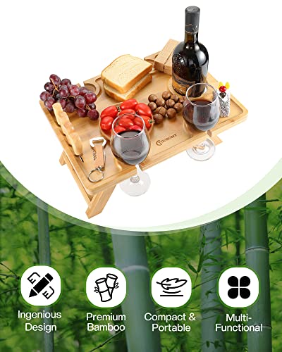 tgosomt Wine Picnic Table Foldable, Portable Bamboo Picnic Table, Picnic Tray for Outdoor, Park, Camping, Beach