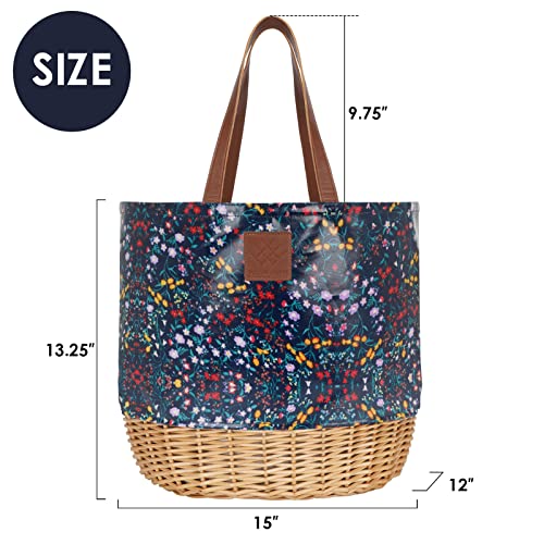 WILLOW WEAVE Portable Picnic Basket Set with Service for 2, Sturdy Woven Base & Canvas Picnic Beach Tote Bag with Drawstring Closure & Insulated Lining, for Outdoor Events, Shopping - Blue Floral