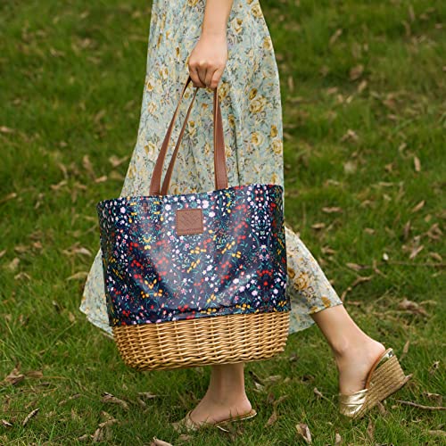 WILLOW WEAVE Portable Picnic Basket Set with Service for 2, Sturdy Woven Base & Canvas Picnic Beach Tote Bag with Drawstring Closure & Insulated Lining, for Outdoor Events, Shopping - Blue Floral