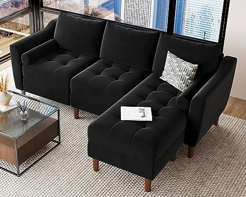 Belffin Black Velvet L Shaped Sectional Couch Small Convertible Couch Sectional Sofa 3-Seater Sofa Sectional with Reversible Chaise Ottoman for Apartment and Small Space