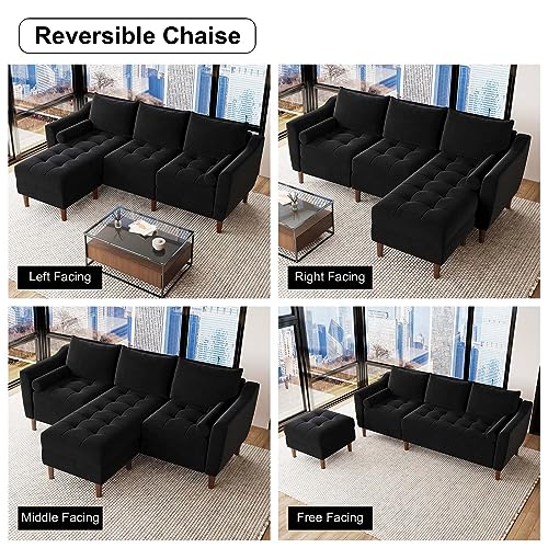 Belffin Black Velvet L Shaped Sectional Couch Small Convertible Couch Sectional Sofa 3-Seater Sofa Sectional with Reversible Chaise Ottoman for Apartment and Small Space