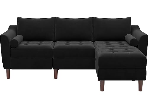 Belffin Black Velvet L Shaped Sectional Couch Small Convertible Couch Sectional Sofa 3-Seater Sofa Sectional with Reversible Chaise Ottoman for Apartment and Small Space