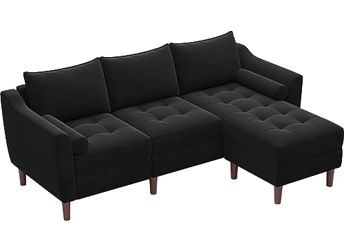 Belffin Black Velvet L Shaped Sectional Couch Small Convertible Couch Sectional Sofa 3-Seater Sofa Sectional with Reversible Chaise Ottoman for Apartment and Small Space