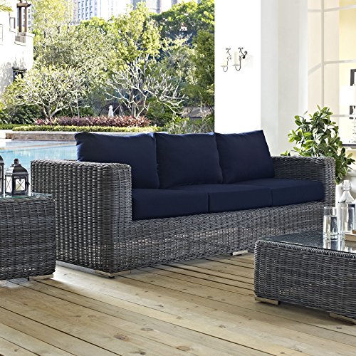 Modway EEI-1874-GRY-NAV Summon Wicker Rattan Outdoor Patio Sunbrella Sofa in Canvas Navy