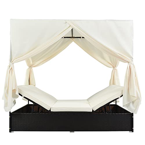 Outdoor Patio Wicker Sun Lounger with Cushions and Adjustable Seat for Swimming Pools, Patios, Shade and Comfortable Outdoor Recreation