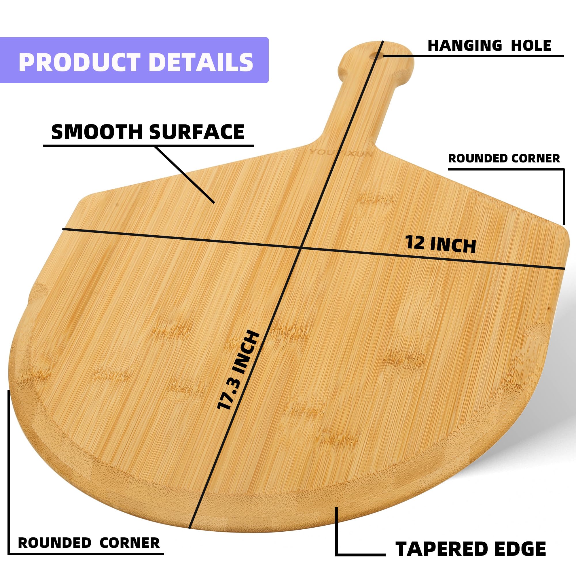 YOUYIXUN Pizza Peel 12 inch,Double Sided Wooden Pizza Paddle Spatula Oven Accessory,Bamboo Pizza Board with handle,Wood Cutting Board for Cheese Bread Fruit Vegetables