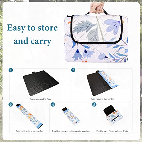 DEWUR Picnic Blankets 79"x79" Extra Large Outdoor Blanket Beach Blanket Waterproof SandProof Picnic Mat Washable Foldable Portable for Grass Lawn Beach Camping (White with Flowers)