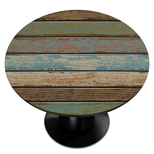 Round Fitted Tablecloth Retro Woodern Polyester Table Cloth with Elastic Edge for Round Table, Waterproof Wipeable Table Cover for Indoor Outdoor Picnic, Fits Tables up to 36" - 42" Diameter