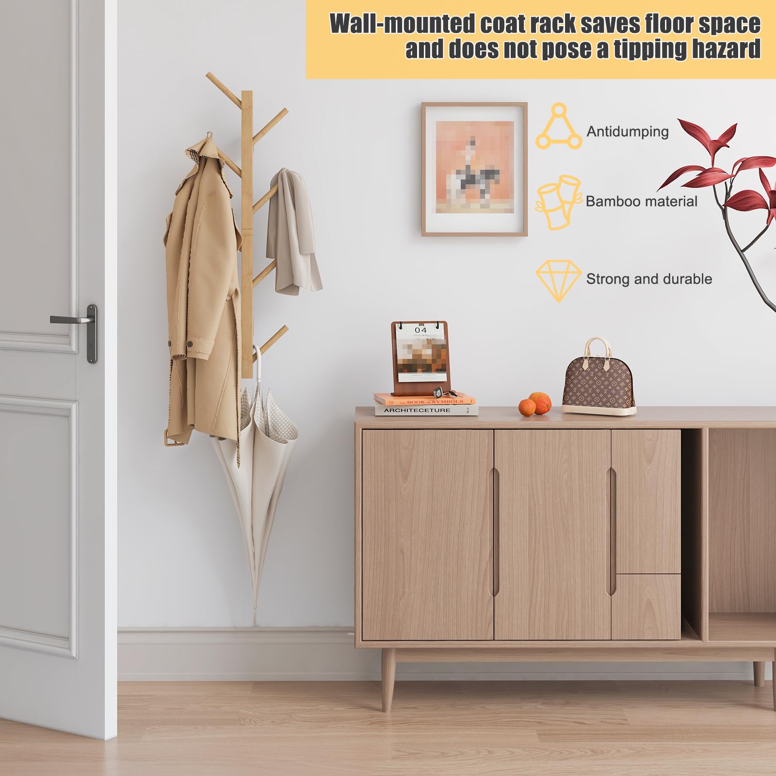 Furshus Coat Rack Wall Mount,Bamboo Vertical Hat Rack for Wall,Wall Coat Tree,Coat Hanger,Floating Coat Rack for Hats,Jackets,Bags,Entryway Bedroom (Natural)
