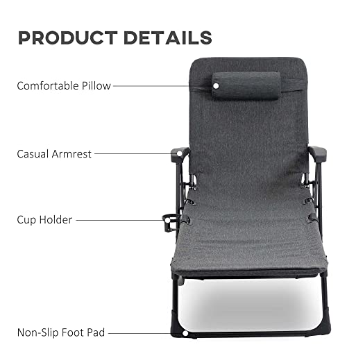 Outsunny Outdoor Folding Chaise Lounge Chair, Mesh Fabric Pool Chair with Adjustable Backrest, Pillow and Cup Holder for Poolside, Deck, and Backyard, Grey