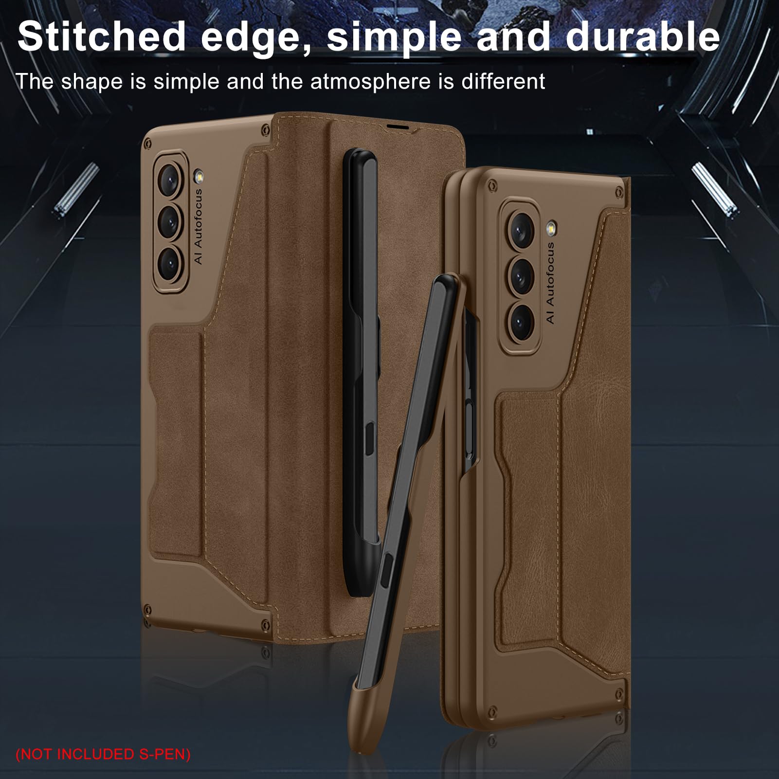 DEMCERT for Samsung Galaxy Z Fold 5 Case with [Fold5 Edition S-Pen Slot], Military Armor Cases Full Body Protective Anti-Scratch Hard Slim Leather Bracket Case with Screen Protector (Brown)