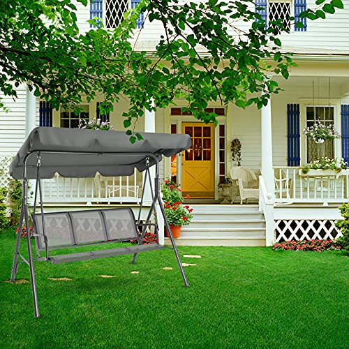 VINGLI Heavy Duty 550 LBS Upgraded 3 Person Outdoor Porch Swing with Stand, Adjustable Canopy Swing with Textilene Fabric & Steel Frame for Yard, Pool, Lawn, Indoors (Grey)