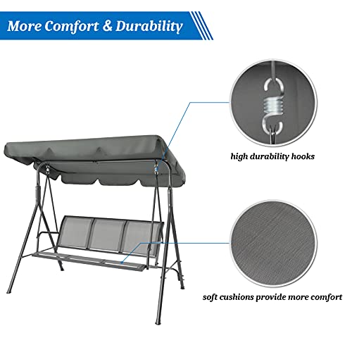 VINGLI Heavy Duty 550 LBS Upgraded 3 Person Outdoor Porch Swing with Stand, Adjustable Canopy Swing with Textilene Fabric & Steel Frame for Yard, Pool, Lawn, Indoors (Grey)