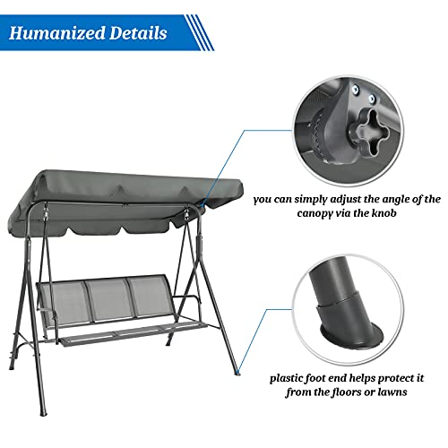VINGLI Heavy Duty 550 LBS Upgraded 3 Person Outdoor Porch Swing with Stand, Adjustable Canopy Swing with Textilene Fabric & Steel Frame for Yard, Pool, Lawn, Indoors (Grey)