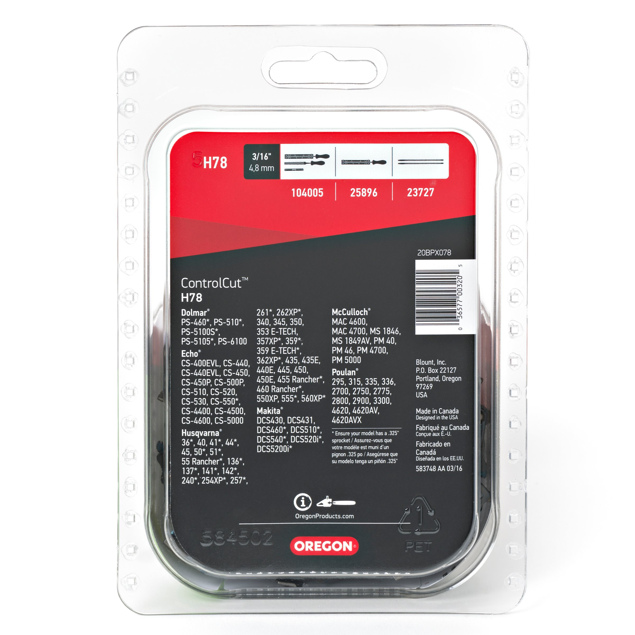 Oregon H78 ControlCut Chainsaw Chain for 20-Inch Bar β 78 Drive Links, Replacement Low-Kickback Chainsaw Blade, .050 Inch Gauge, .325 Inch Pitch, fits Echo, Poulan, Ryobi & Husqvarna Models (H78),Black