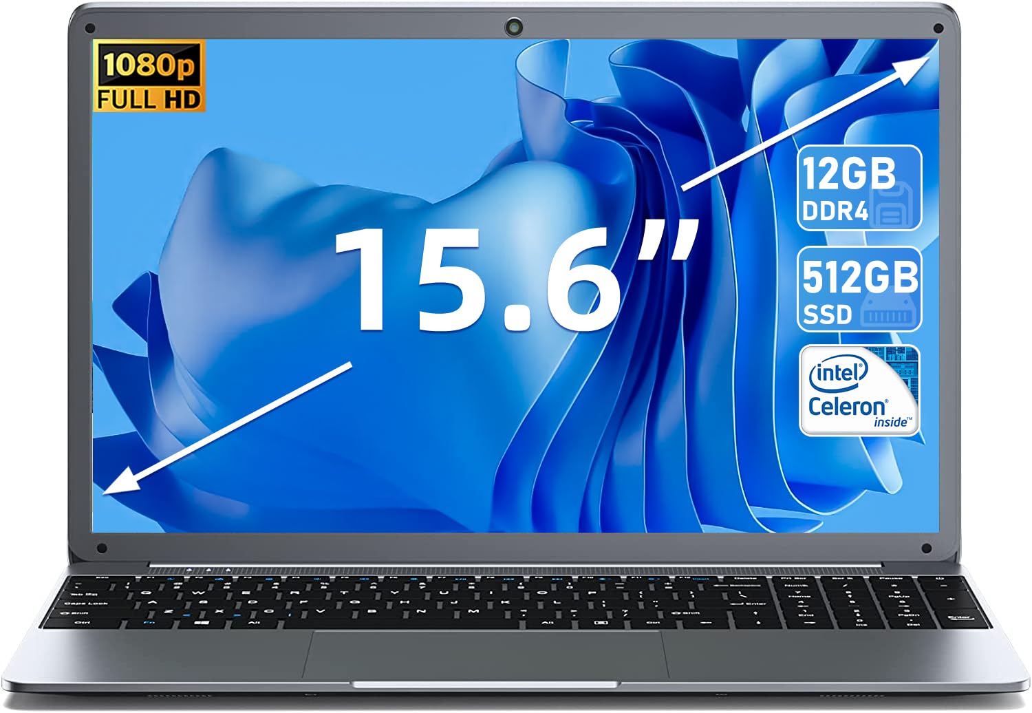 SGIN 15.6 Inch Laptops, 12GB DDR4 512GB SSD (TF 512GB) Laptop, FHD 1920x1080 with Webcam, with Intel Celeron N5095 Processor(Up to 2.9GHz), USB 3.0, WiFi, Bluetooth 4.2(Gray)