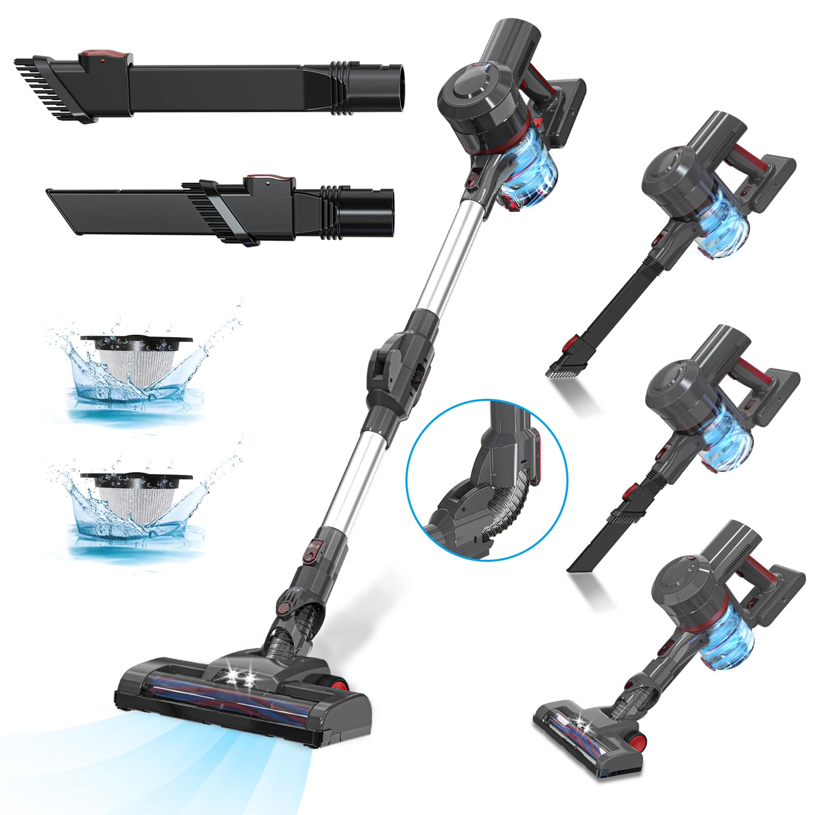 QTGPET Cordless Vacuum Cleaner, 25Kpa Strong Suction, 40 mins Runtime, 6-in-1 Vacuum Cleaner with Detachable 2200mAh Rechargeable Battery, Lightweight Stick Vacuum for Pet Hair