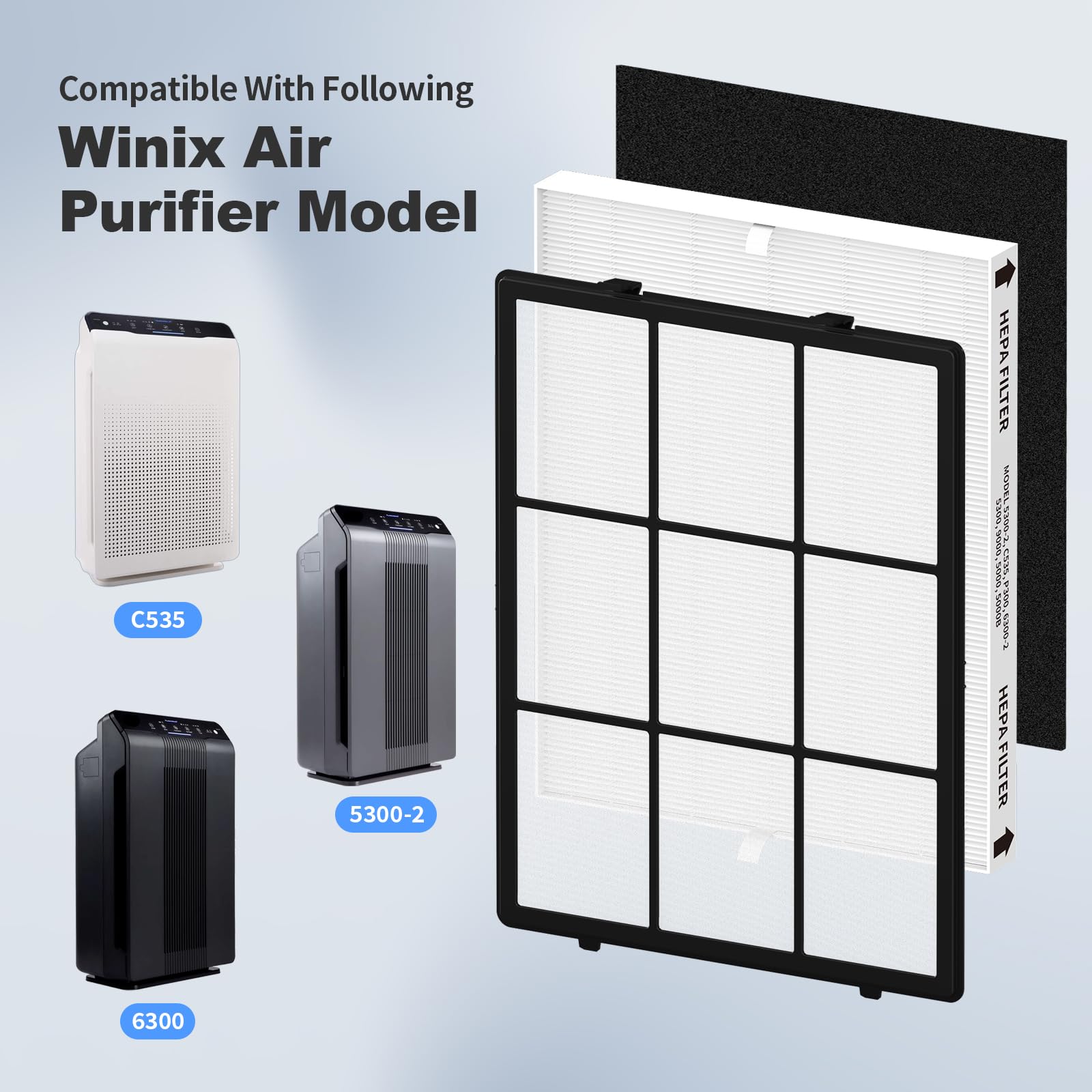 VALZONE 115115 HEPA Replacement Filter A Size 21 Compatible with Winix PlasmaWave Air Purifier C535 5300-2 6300-2,1 Washable Pre-Filter, 2 HEPA and 4 Carbon Filters