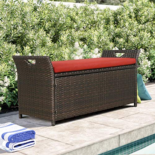 Patio Tree Outdoor Deck Storage Box, Patio Wicker Storage Bench, Rattan Storage Bins with Cushion (Red)