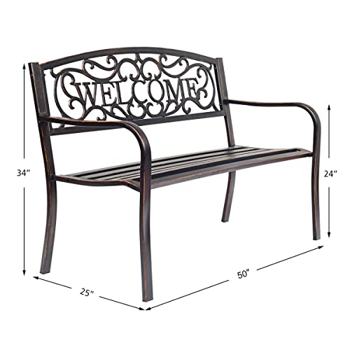 Giantex Garden Bench, Antique Metal Outside Bench w/Warm Welcome Pattern, Elegant Bronze Finish and Durable Metal Frame for Park Yard Porch Chair (Bronze)