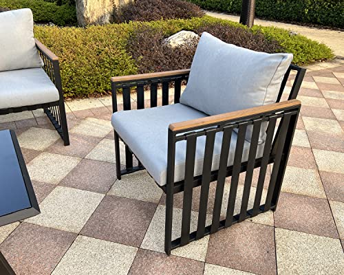 DECMICO Patio 5-Seat Sectional Sofa, Wide Outdoor U-Shaped Steel Frame Finished Rubber and Grey Cushions Sofa Furniture Set with Glass Coffee Tablefor Garden, Backyard, Balcony and Deck…