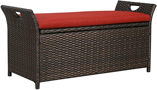 Patio Tree Outdoor Deck Storage Box, Patio Wicker Storage Bench, Rattan Storage Bins with Cushion (Red)