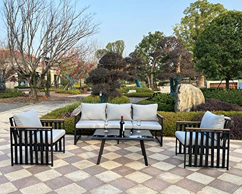 DECMICO Patio 5-Seat Sectional Sofa, Wide Outdoor U-Shaped Steel Frame Finished Rubber and Grey Cushions Sofa Furniture Set with Glass Coffee Tablefor Garden, Backyard, Balcony and Deck…