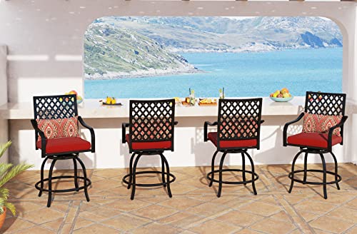 PHI VILLA Patio Stools Set of 4 with Red Cushions,Outdoor Metal Swivel Bar Height Chairs for Home Patio, Back Yard, Cafes, Bistro, Restaurants and Chic Bars