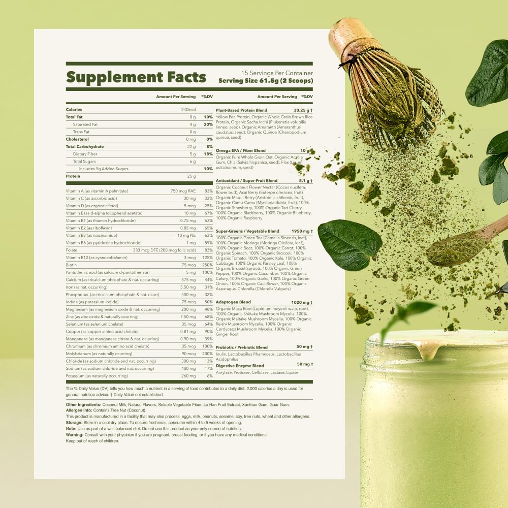 Ka'Chava Ka’Chava All-In-One Nutrition Shake Blend, Matcha, 85+ Superfoods, Nutrients & Plant-Based Ingredients, 26 Vitamins and Minerals, 25g Plant-Based Protein, 2lb