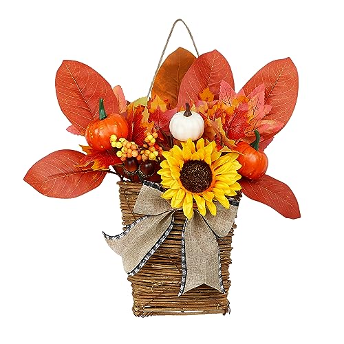 SEMONONIA Fall Decorations for Front Door- Sunflower Basket Fall Front Door Decor Flower Wreaths Hanging Door Basket Autumn Halloween Welcome Sign for Farmhouse Porch Halloween Home Decorations