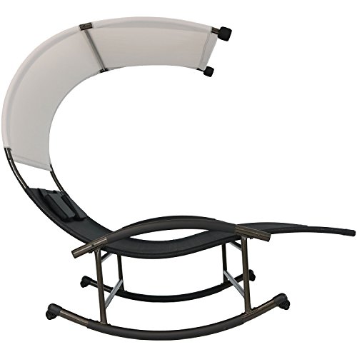 Sunnydaze Outdoor Double Chaise Rocking Lounge Chair with Canopy Shade and Headrest Pillows, Portable Patio Sun Lounger, Black