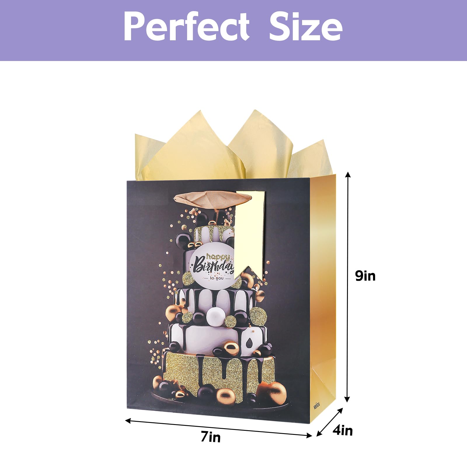 lilymelon 4 Pack 9" Happy Birthday Gift Bags For Birthday Party With Tissue Paper (Black/Gold)