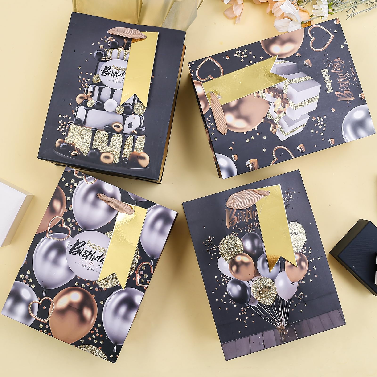 lilymelon 4 Pack 9" Happy Birthday Gift Bags For Birthday Party With Tissue Paper (Black/Gold)