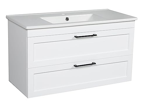 Sample of Cabinet Finish | Modern Wall-Mounted Bathroom Vanity with Washbasin | Palm Beach White High Gloss Collection | Non-Toxic Fire-Resistant MDF-Simple Collection 40"