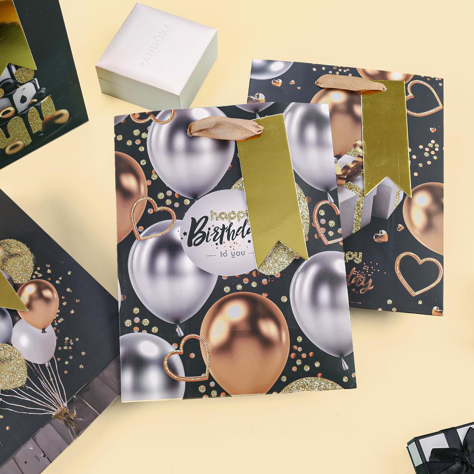 lilymelon 4 Pack 9" Happy Birthday Gift Bags For Birthday Party With Tissue Paper (Black/Gold)