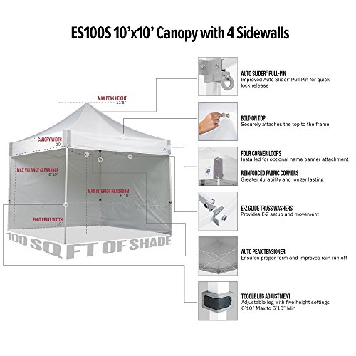 E-Z UP ES100S Instant Commercial Canopy, 10' x 10' with 3 Sidewalls, 1 Mid-Zip Sidewall and Wide-Trax Roller Bag, White