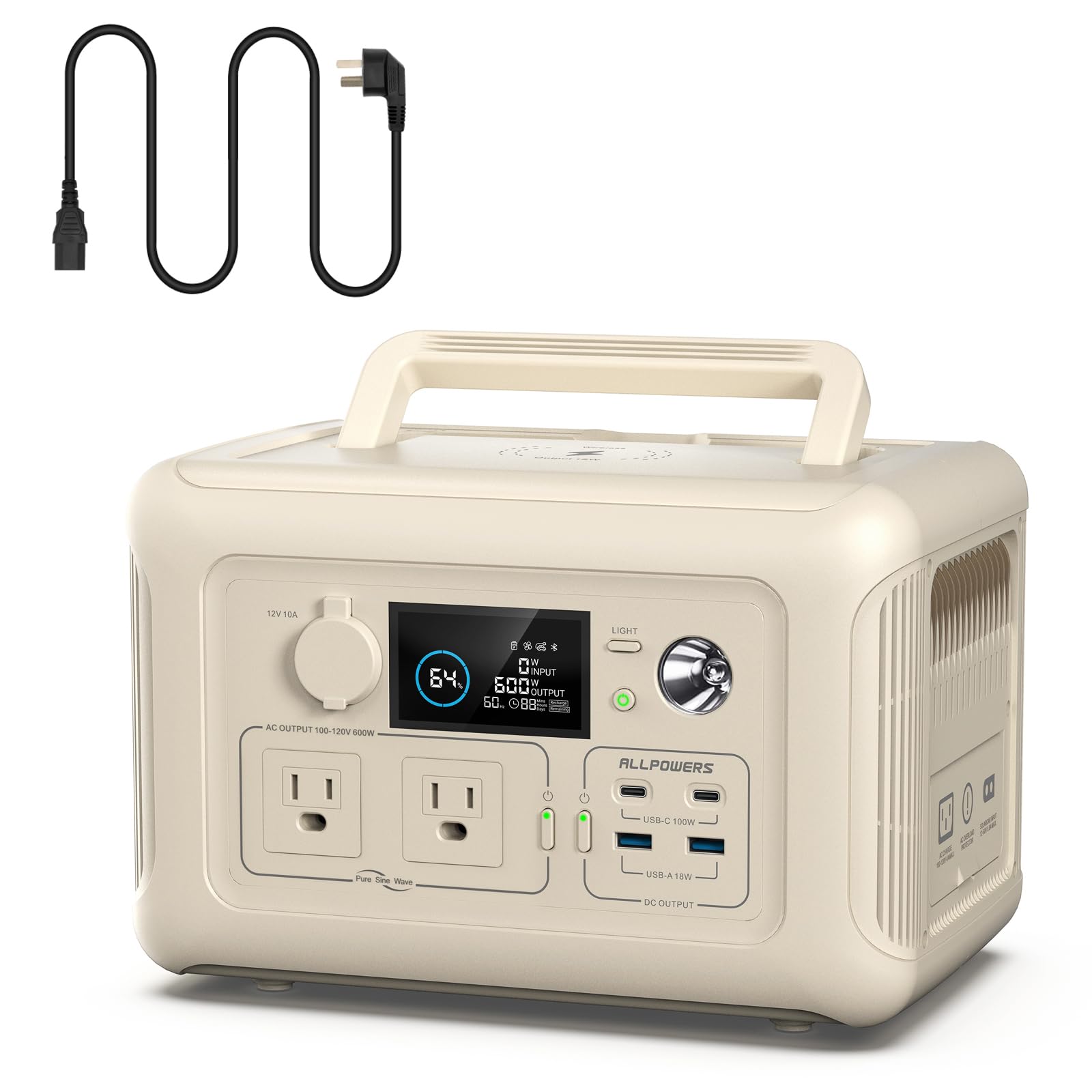ALLPOWERS R600 BEIGE 299Wh 600W Portable Power Station, LiFePO4 Battery Backup with UPS Function, 1 Hour to Full 400W Input, MPPT Solar Generator for Outdoor Camping, RVs, Home Use