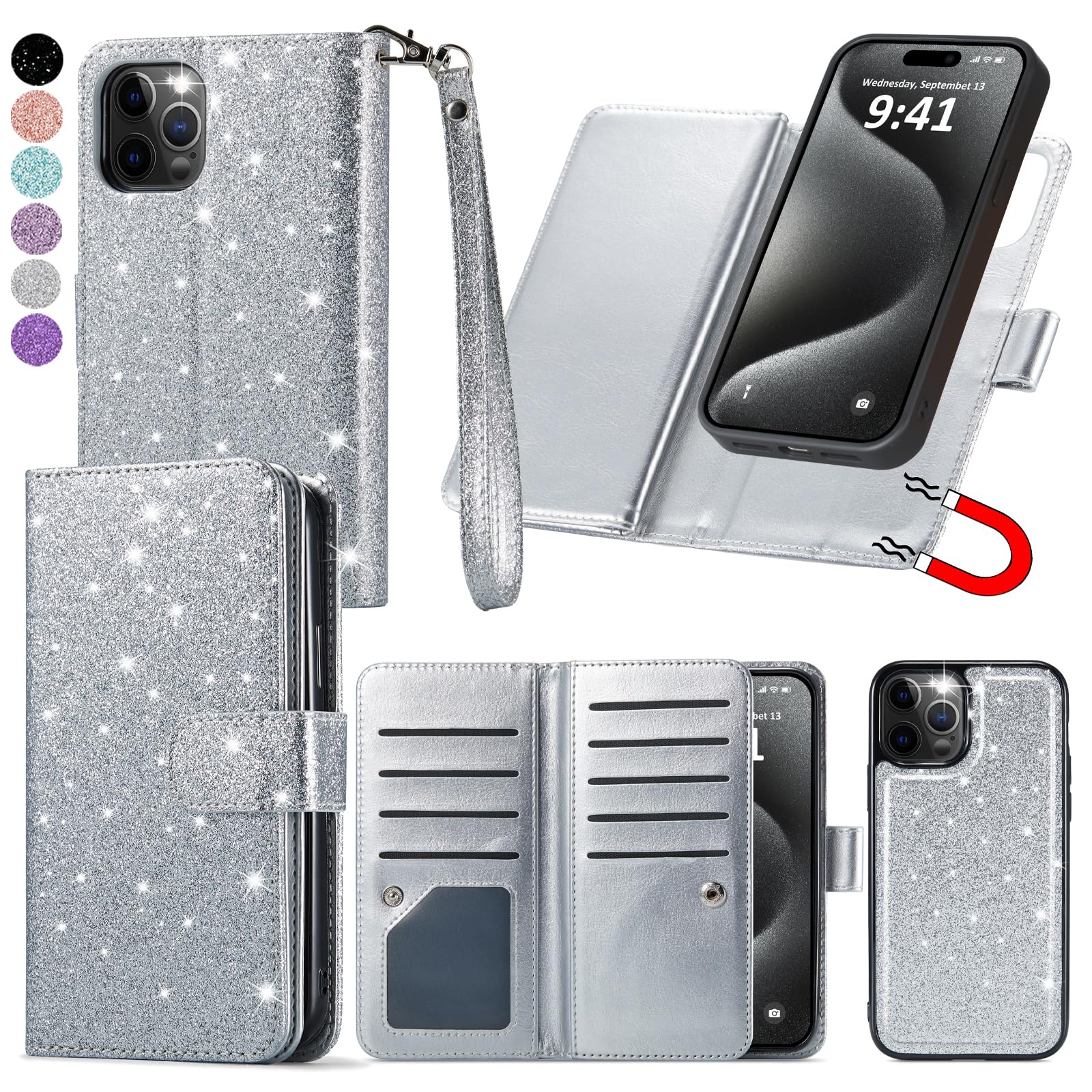 Varikke for iPhone 15 Pro Wallet Case, Detachable iPhone 15 Pro Case Magnetic Wallet for Women with Card Holder & Kickstand, Glitter PU Leather Wrist Strap Phone Cases for iPhone 15 Pro 6.1", Silver