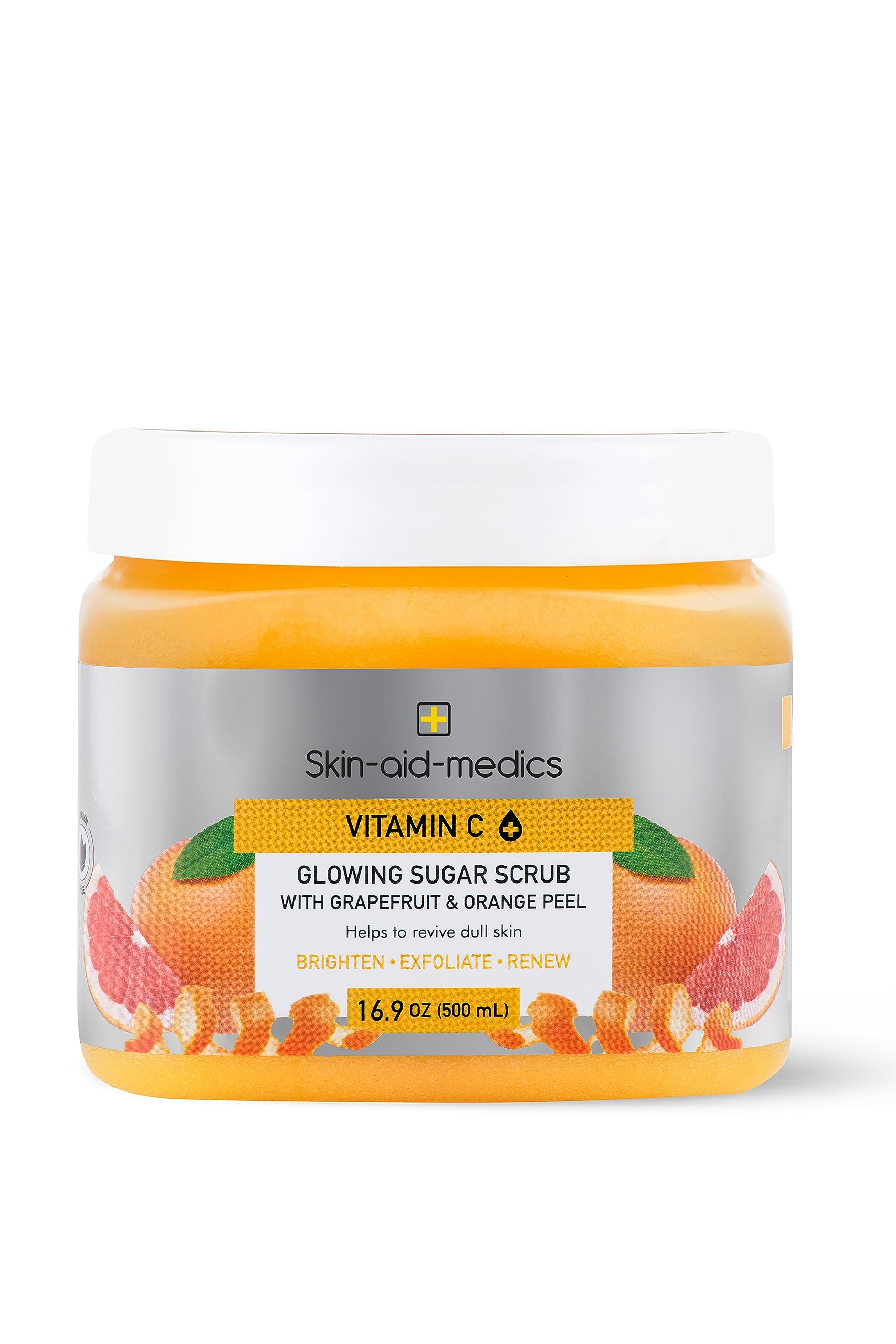 Skin Aid Medics Vitamin C Glowing Sugar Scrub, 21 oz, Brightening Body Scrub and Body Wash, Ultra Hydrating and Exfoliating Scrub for Nourishing Essential Body Care, Cruelty Free