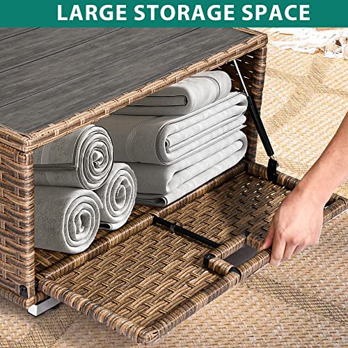 YITAHOME Patio Wicker Sofa Daybed Furniture Set with Retractable Canopy, Storable Side Table Outdoor Lounger with Soft Cushions for Backyard Porch (Light Brown + Beige)