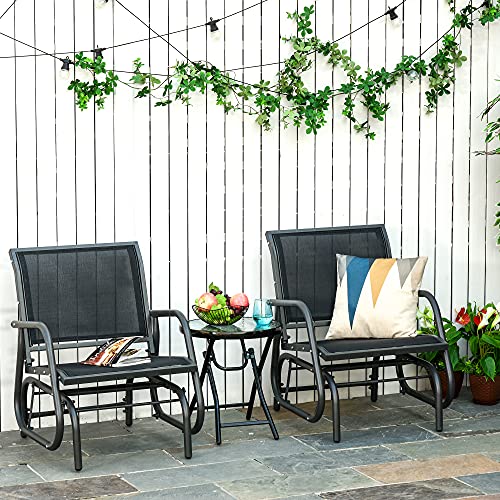 Outsunny Porch Glider, Set of 2, Metal Frame Swing Glider Chair with Breathable Mesh Fabric, Curved Armrests and Steel Frame for Garden, Poolside, Backyard, Balcony, Black