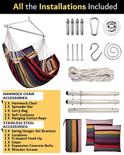 XXL Hammock Chair Hanging Rope Swing with 2 Cushions - Max 500lbs-Perfect for Patio, Porch, Bedroom, Backyard, Indoor or Outdoor - Includes Hanging Hardware Kits
