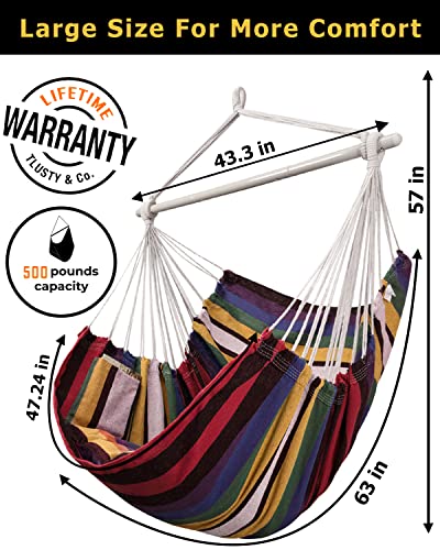 XXL Hammock Chair Hanging Rope Swing with 2 Cushions - Max 500lbs-Perfect for Patio, Porch, Bedroom, Backyard, Indoor or Outdoor - Includes Hanging Hardware Kits