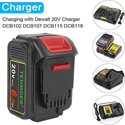 TENMOER 2 Pack 6.0Ah Compatible with Dewalt 20V 6.0Ah Battery Replacement for Dewalt 20V Batteries DCB206-2
