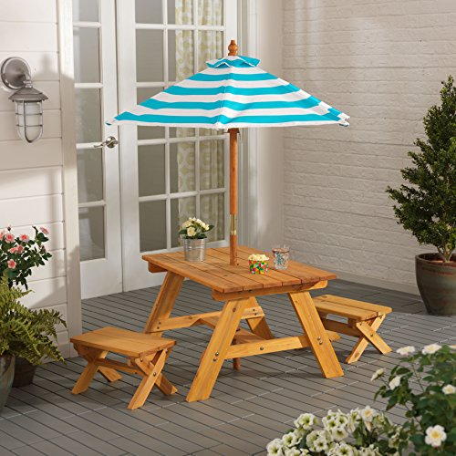 KidKraft Outdoor Wooden Table & Bench Set with Striped Umbrella, Children's Backyard Furniture, Turquoise and White, Gift for Ages 3-8, Amazon Exclusive