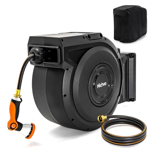 Nichro Retractable Garden Hose Reel Wall Mount, 1/2"×100 ft Automatic Garden Hose Reel with Cover and 10 Pattern Hose Nozzle, Auto Rewind/Any Length Lock/180° Swivel Bracket for Garden Watering