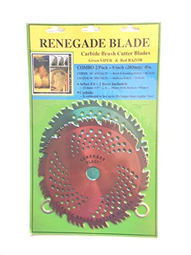 2pk--8"--44t/56t Combo Pack -- (1) 44t Green Viper (1) 56t red Razor -- "Hybrid" Pack -- RENEGADE BLADE® - GS1 Barcoded Shelf Hanging Blister Pack-- Carbide Brush Cutter Blades, 203mm Dia.
