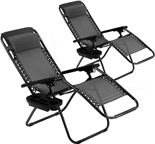 EasyGo Product Zero Gravity Lawn Lounge Pillow and Cup Holder Furniture Outdoor Adjustable Dining Reclining Folding Chairs for Deck Patio Beach Yard, 2 Pack Black